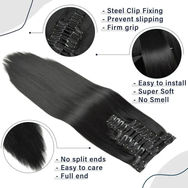 Clip in Hair Extensions Long Straight Black 22 Inch